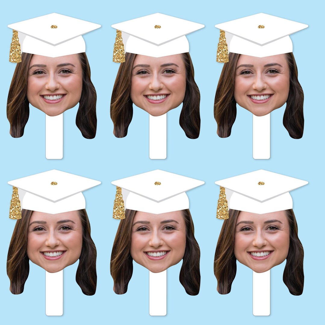 Personalized White and Gold Grad Cap Face Cutout Paddles, Custom ...