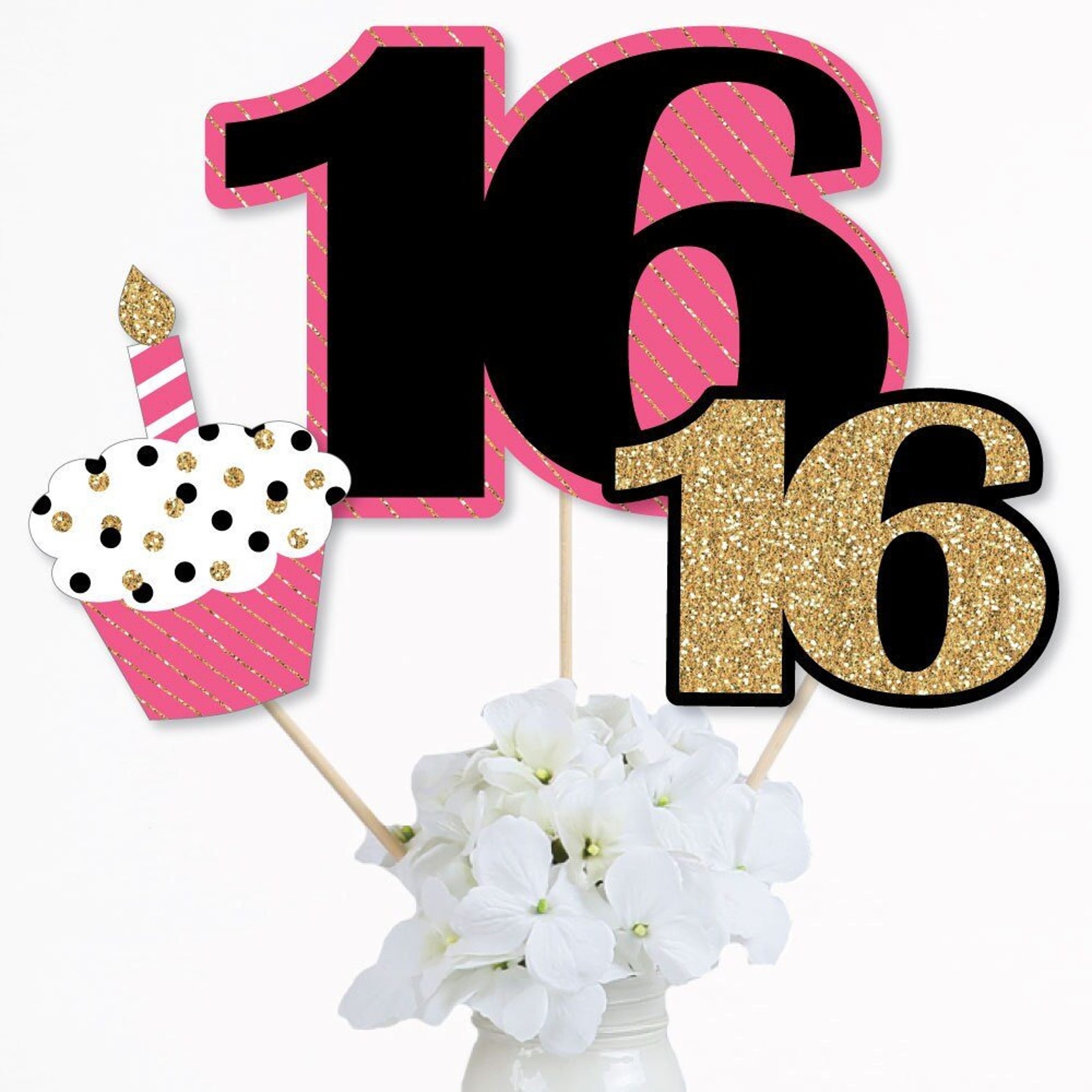Chic 16th Birthday Centerpiece Sticks Pink Black and Gold - Etsy