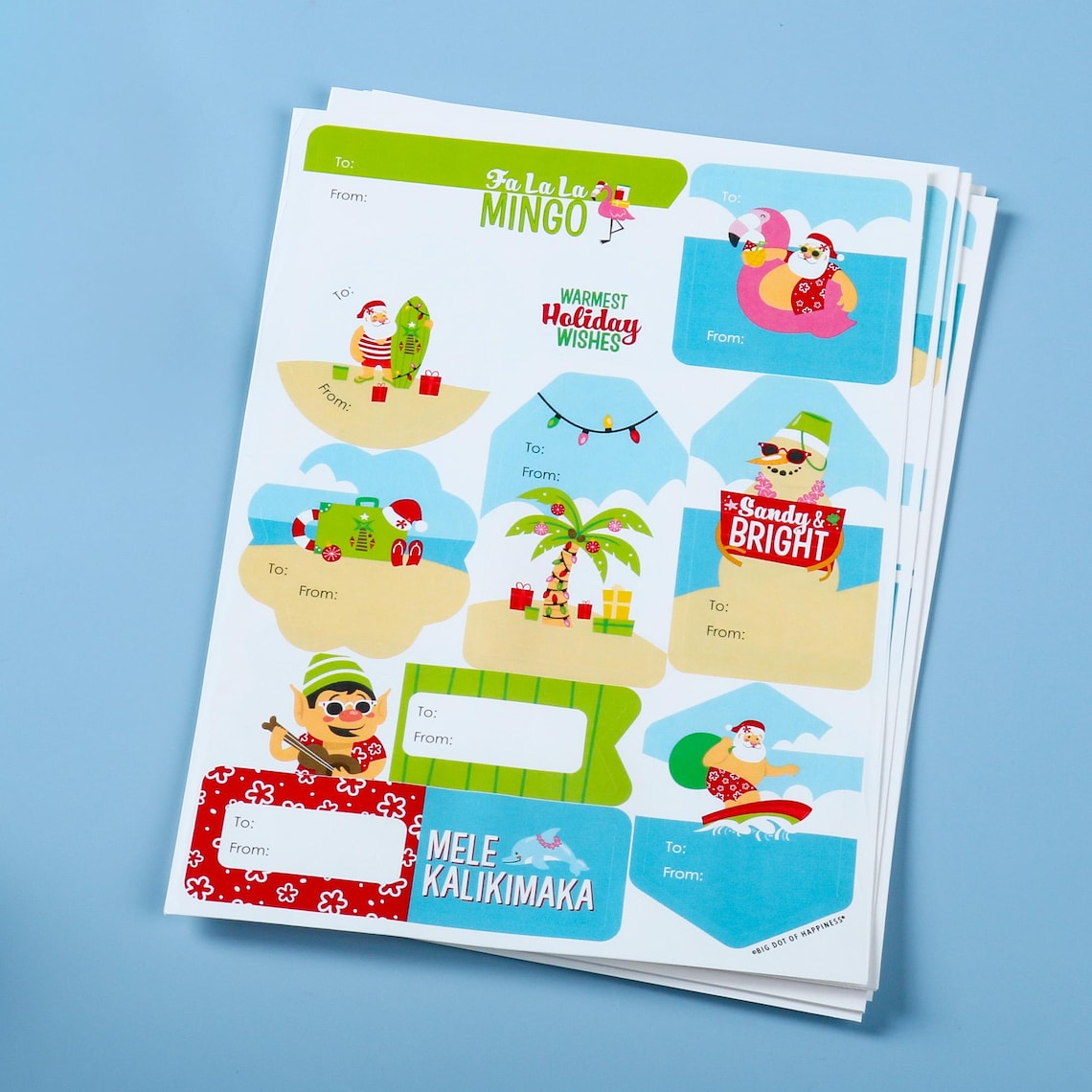 Tropical Christmas - Assorted Beach Santa Holiday Party Gift Tag Labels ...