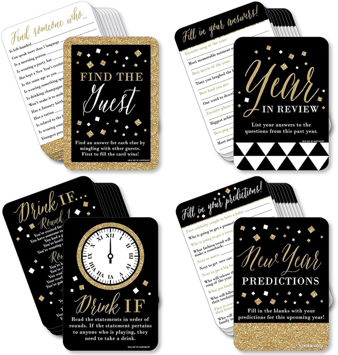 New Year’s Eve - Gold - 4 New Years Eve Party Games - 10 Cards Each ...