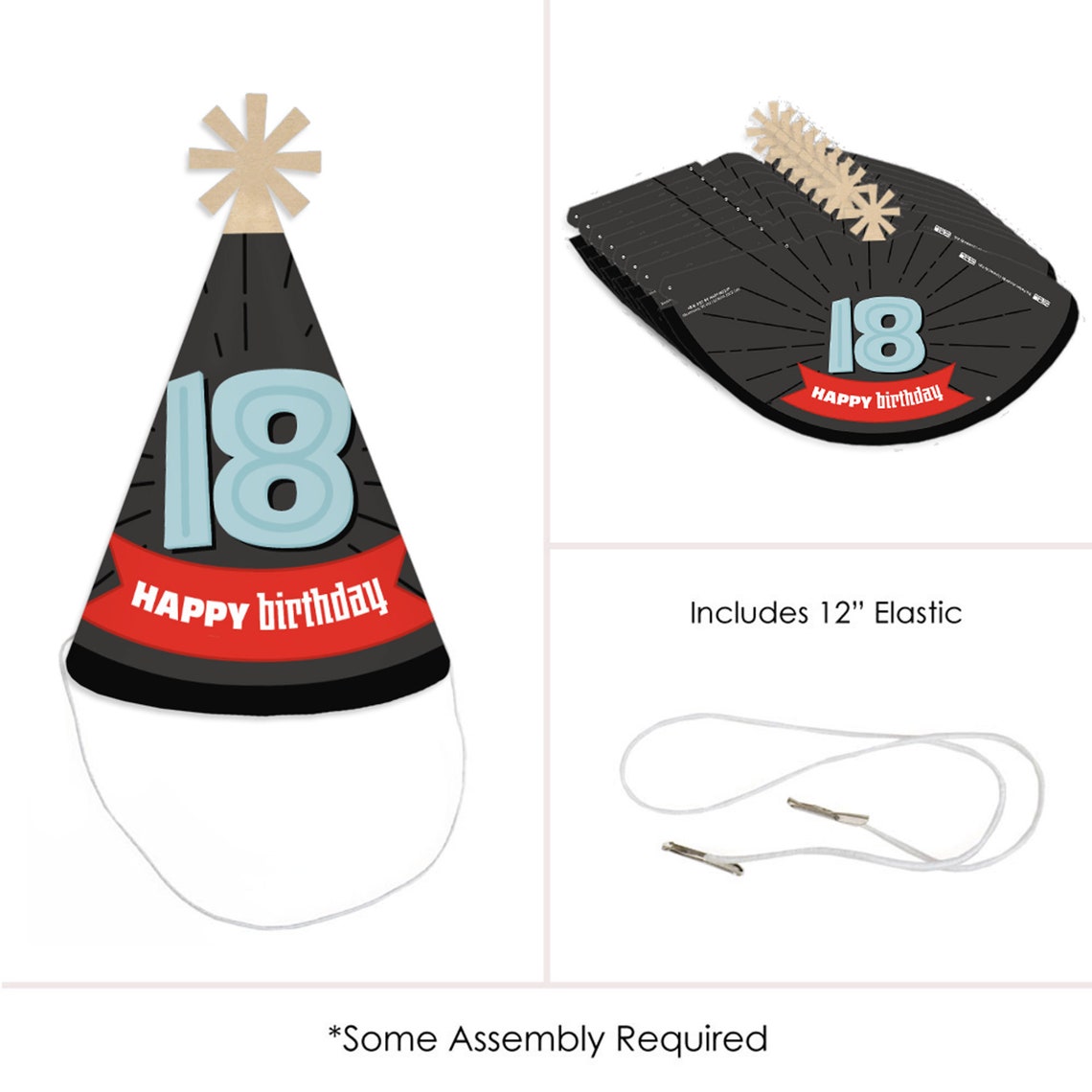 Boy 18th Birthday - Cone Happy Birthday Party Hats for Adults - Set of ...