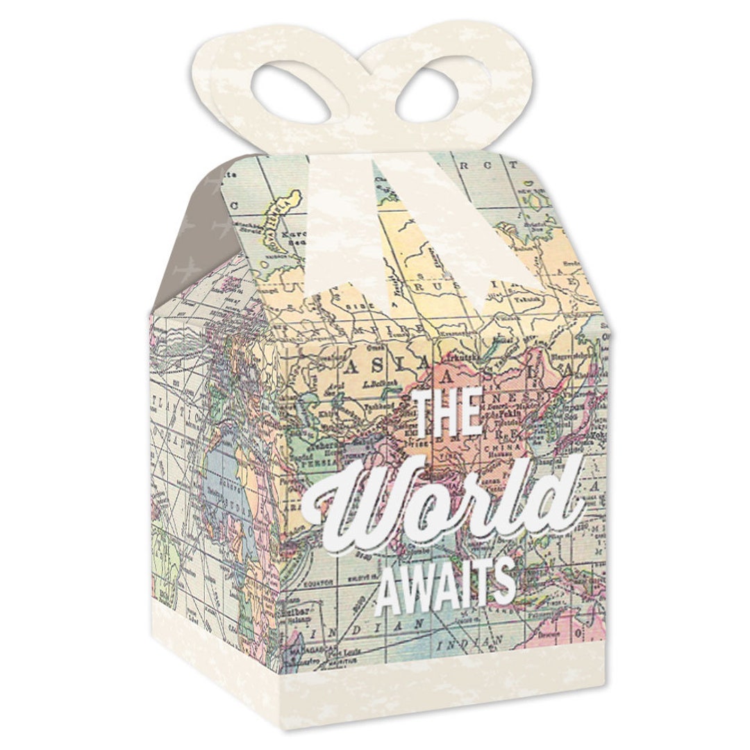 World Awaits - Square Favor Gift Boxes - Travel Themed Party Bow Boxes ...