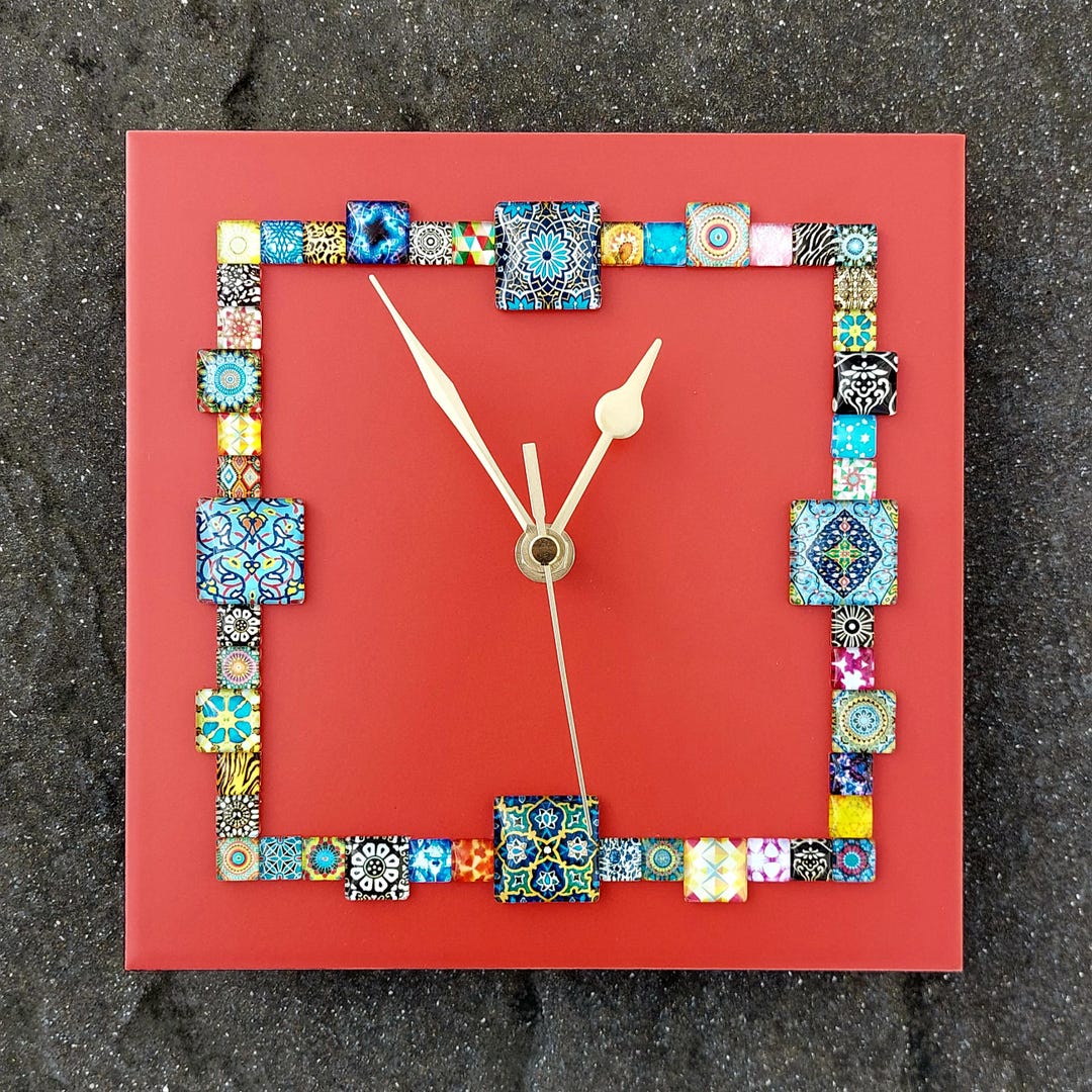Handmade Red Square Wall Clock With Colorful Glass Cabochons (20cm) - Etsy