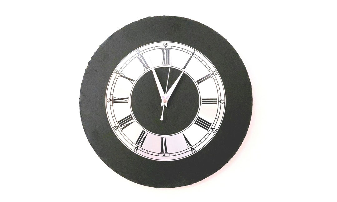 Grey Slate Wall Clock: 30cm Round, Silver Dial, Non-ticking/sweeping ...