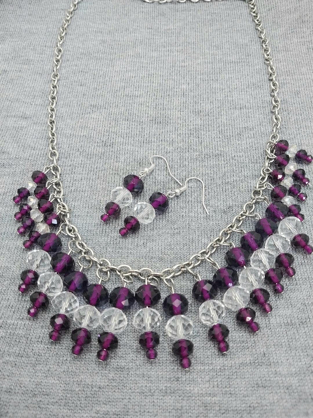 Bella NS031, Purple Statement Necklace, Glass Beaded Set, Purple and ...
