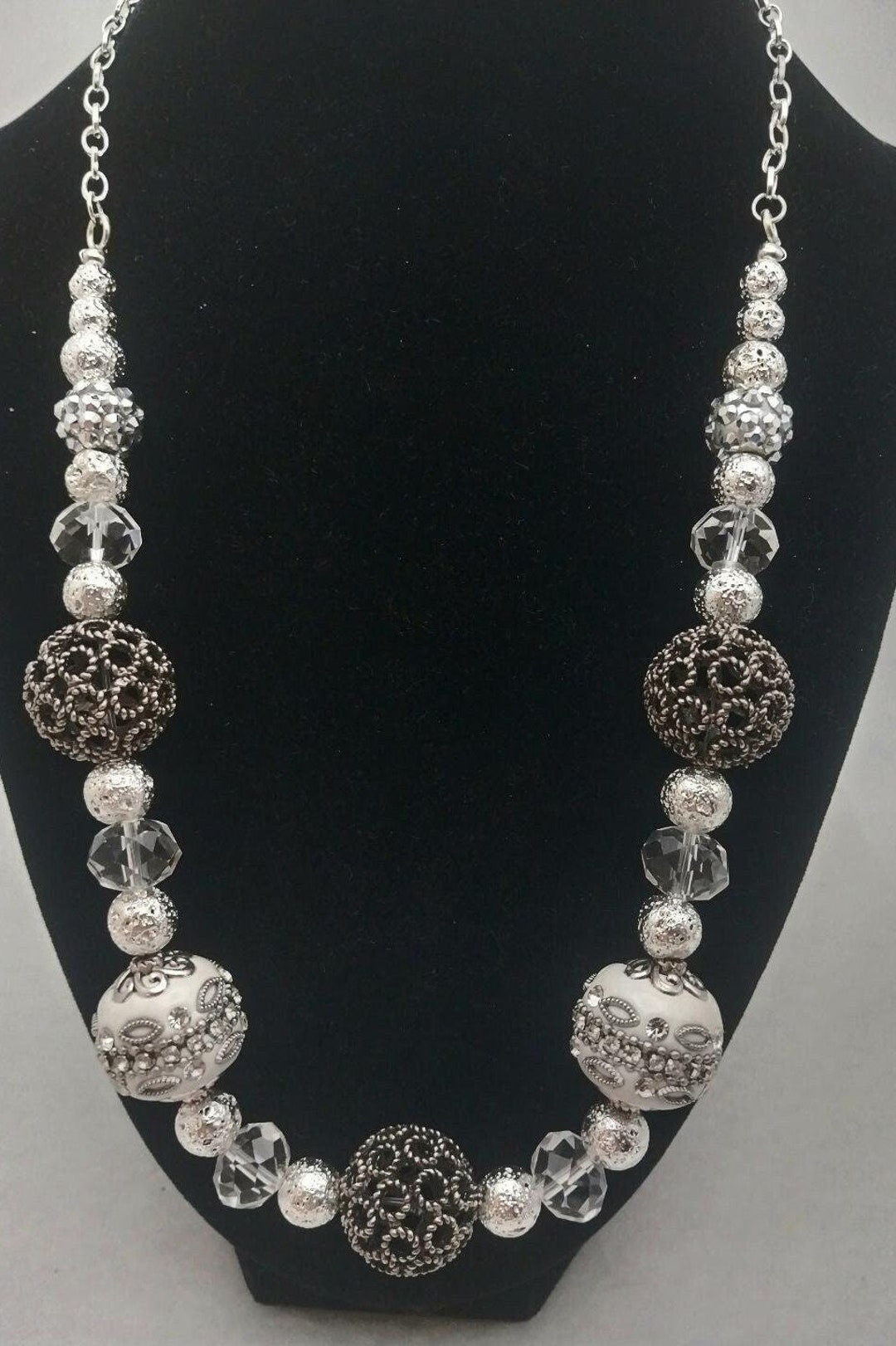 Madelyn NC081, Silver Mixed Media Necklace, Silver Beaded Necklace ...