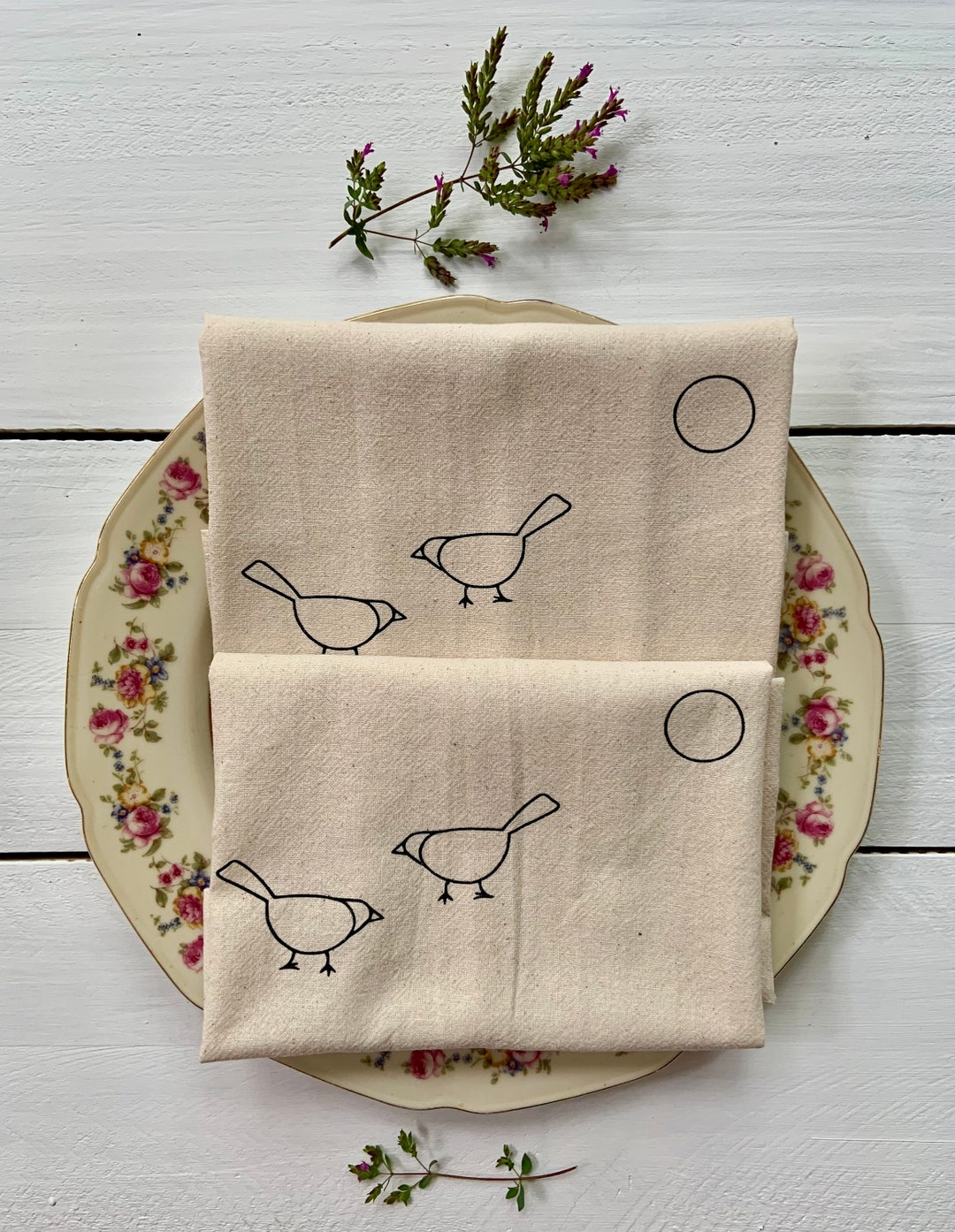 Flour Sack Cloth Napkins, Set of 2, Bird Napkins, Hand Printed Natural ...