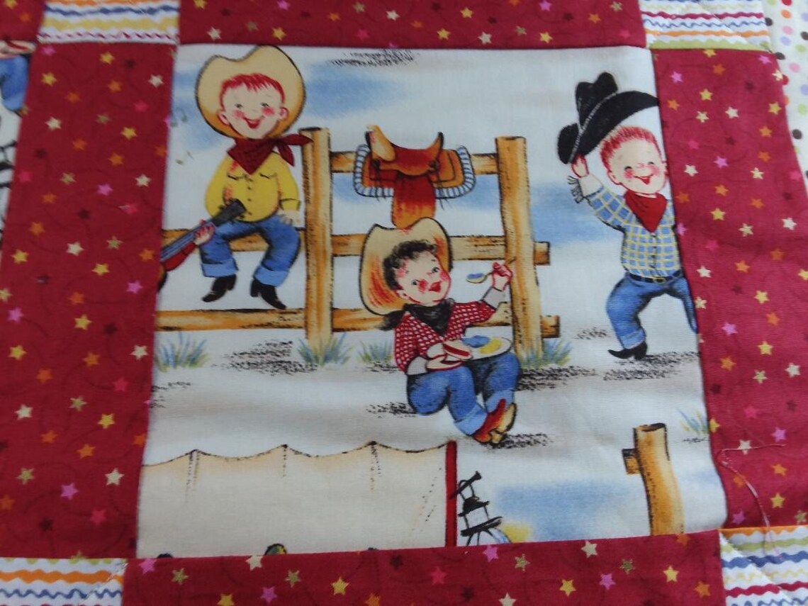 Cute Cowboy Patchwork Baby Quilt, 39" Square, Handmade in Vermont, 100% ...