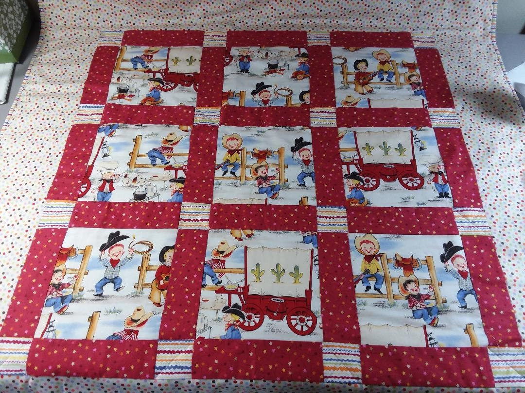 Cute Cowboy Patchwork Baby Quilt, 39" Square, Handmade in Vermont, 100% ...