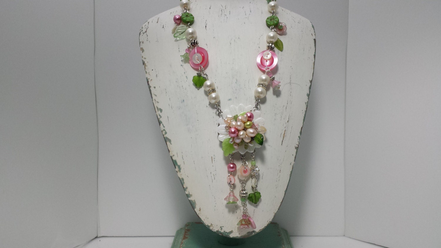 Vintage Stacked Button Necklace in Shades of Pale Greens, Soft Whites ...