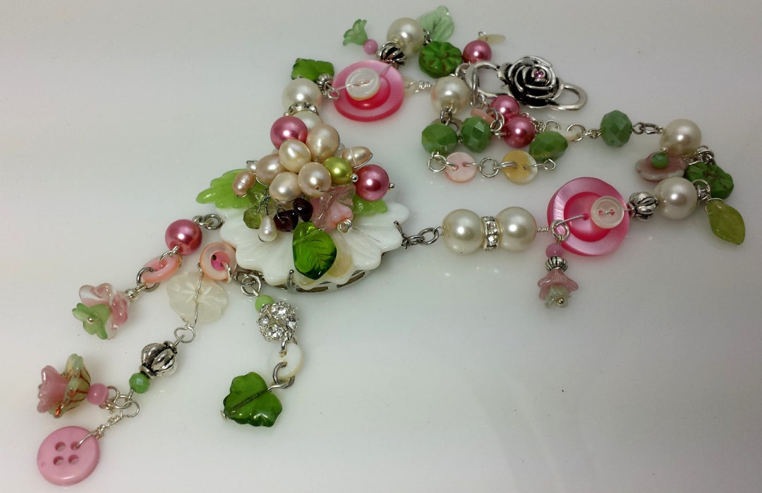 Vintage Stacked Button Necklace in Shades of Pale Greens, Soft Whites ...