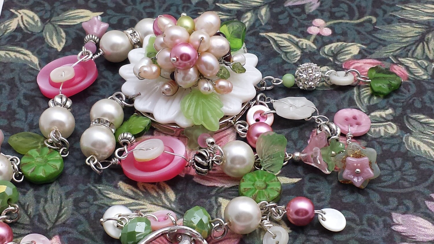 Vintage Stacked Button Necklace in Shades of Pale Greens, Soft Whites ...