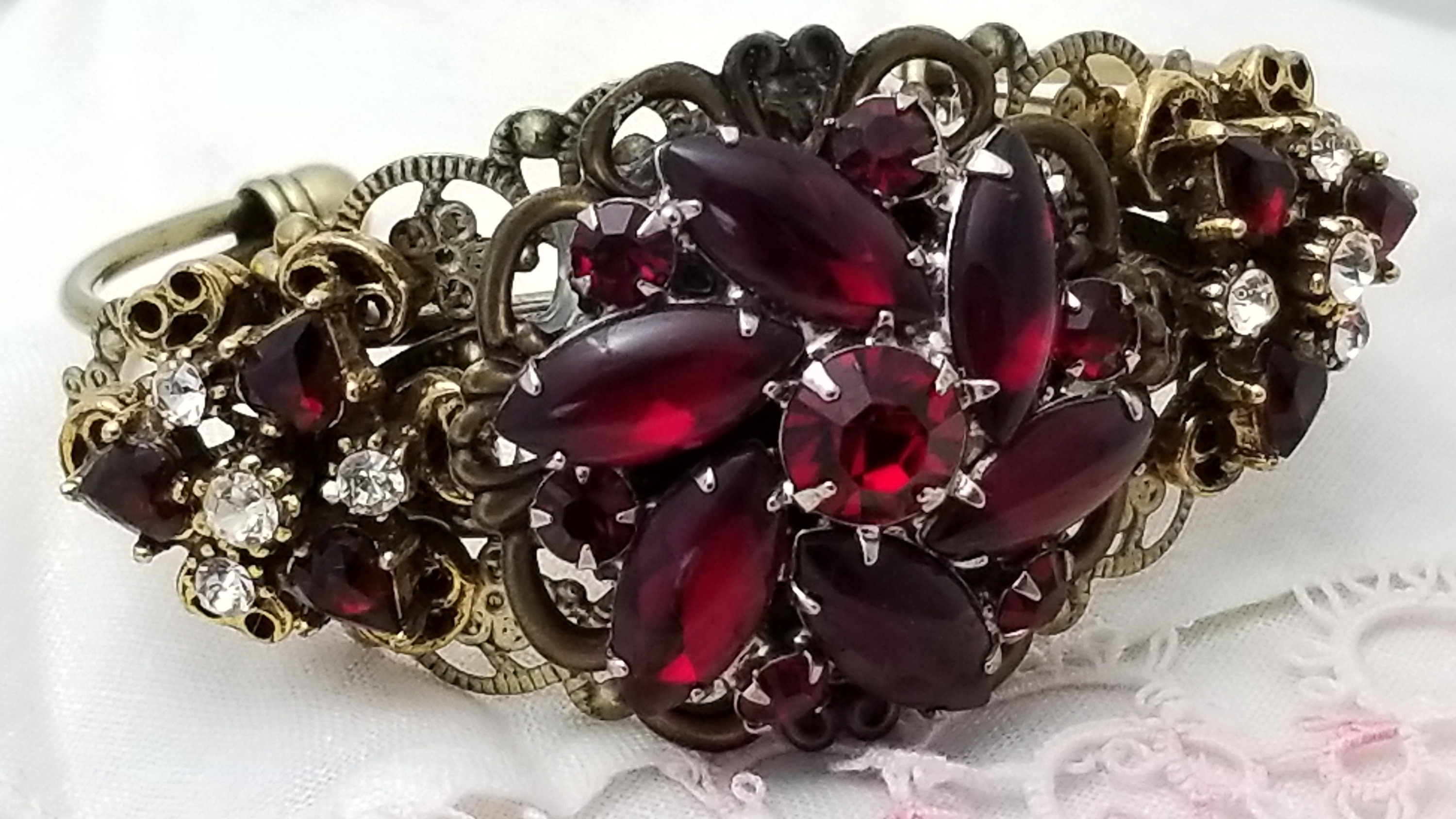 Elegant Ruby Red Cuff Bronze Bracelet With Heart and Navette - Etsy UK