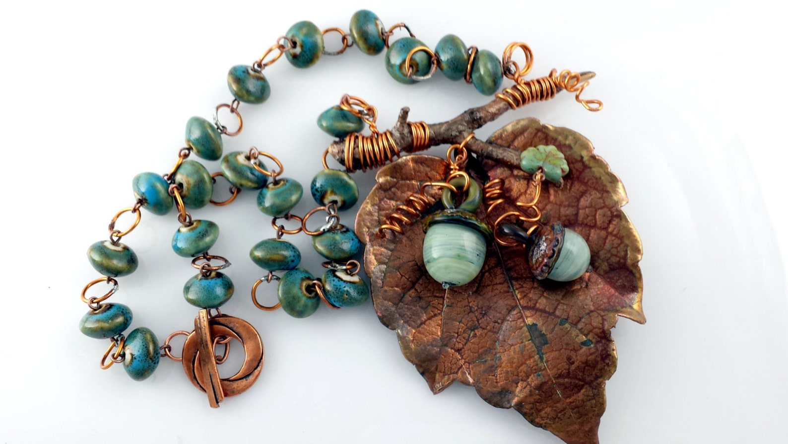 Leaf Necklace, Real Leaf Copper Patina Pendant Necklace With Handblown ...