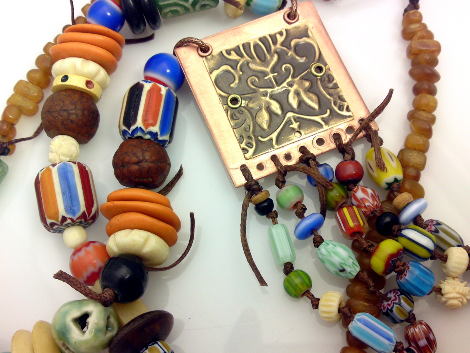 Trade Bead Necklace, Authentic African Trade Beads, Embossed Copper ...