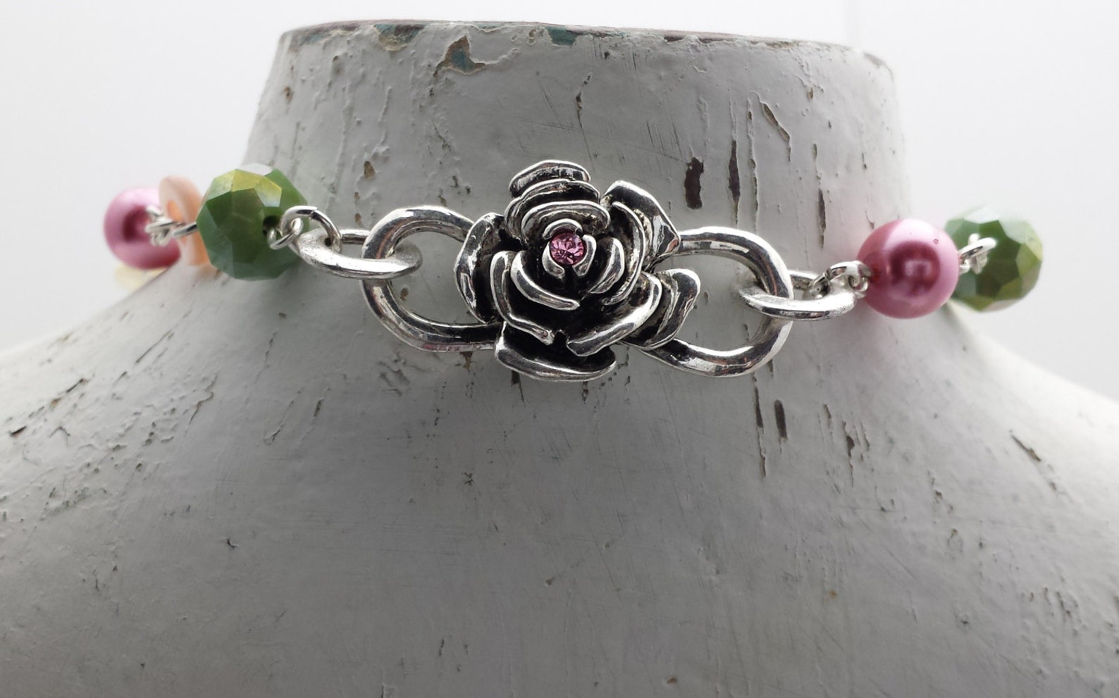 Vintage Stacked Button Necklace in Shades of Pale Greens, Soft Whites ...