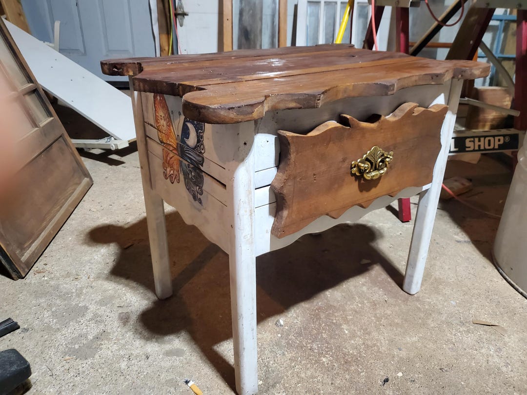 Upcycled End Table With Custom Cut Top and Drawer and Hand Drawn Art. - Etsy