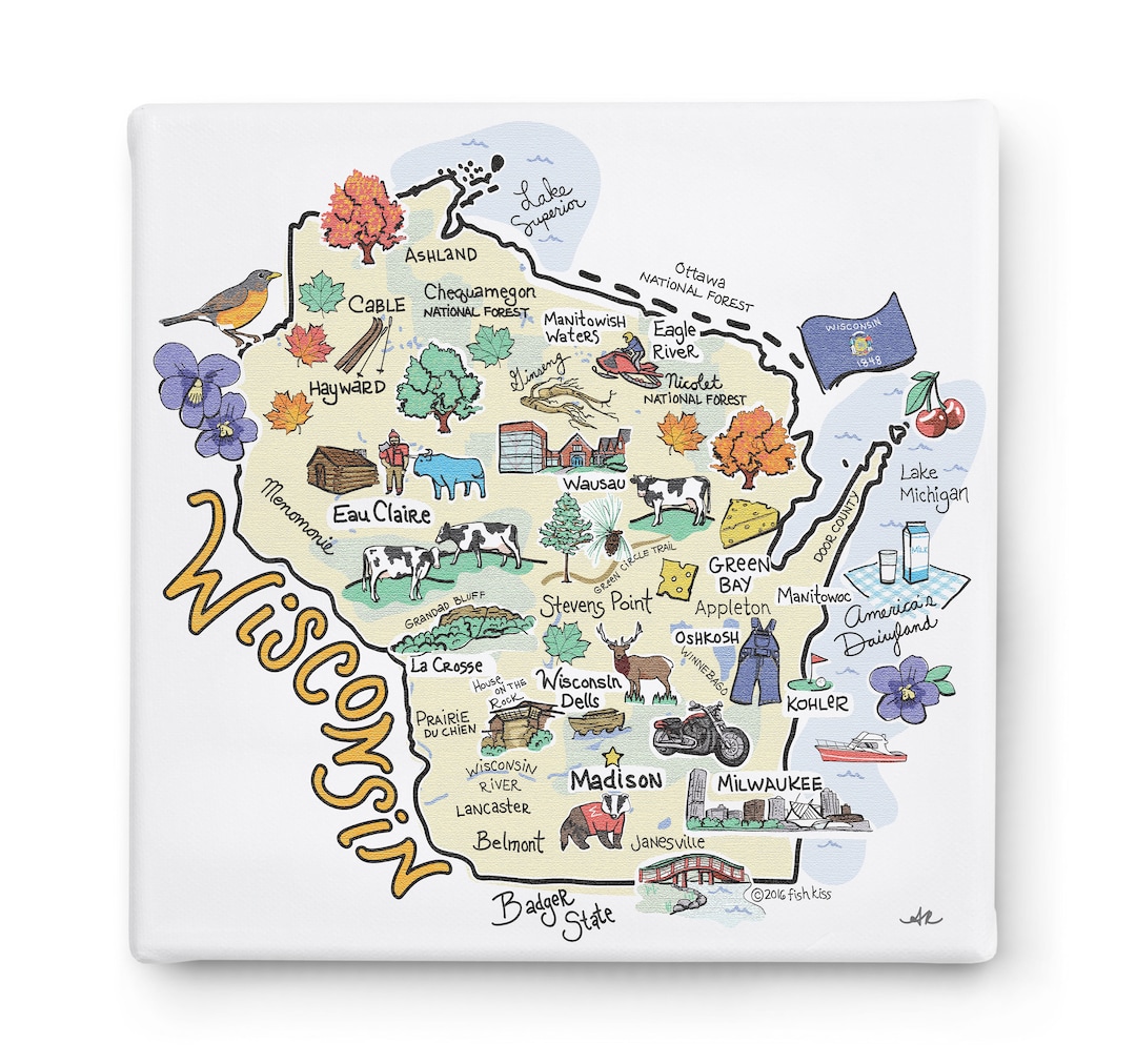 Wisconsin Art on Square Canvas, Wisconsin Map Canvas Art, Wisconsin ...