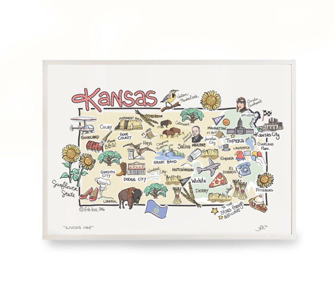 Kansas Art, Kansas Map, Kansas Print, Unframed, Print Signed by Artist ...