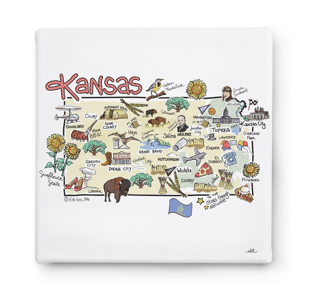 Kansas Art on Square Canvas, Kansas Map Canvas Art, Kansas Print for ...