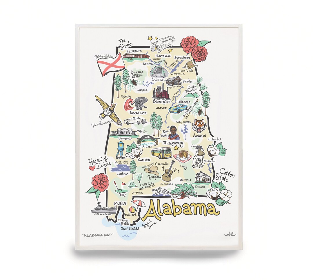 Alabama Art, Alabama Map, Alabama Print, Unframed, Print Signed by ...