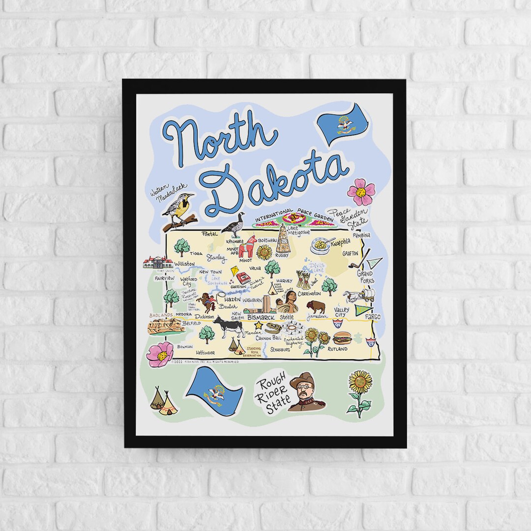 North Dakota Art, North Dakota Map, North Dakota Poster, Unframed ...
