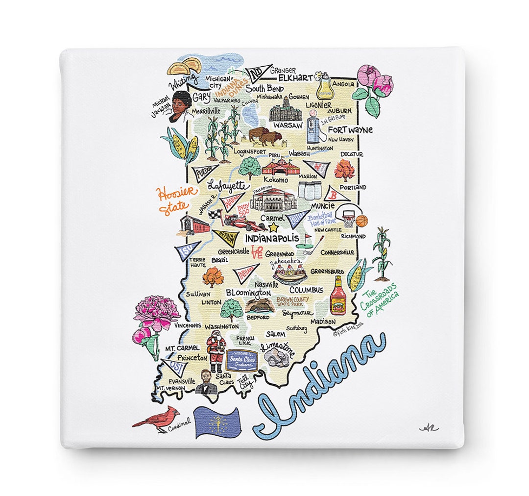 Indiana Art on Canvas, 10"x10" Indiana Map Canvas Art, Indiana Print ...