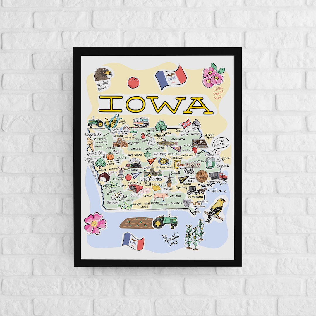 Iowa Map Art Print: Illustrated State Poster - Etsy