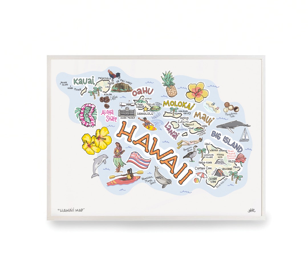 Hawaii Map Art Print: Signed Watercolor Illustration - Etsy