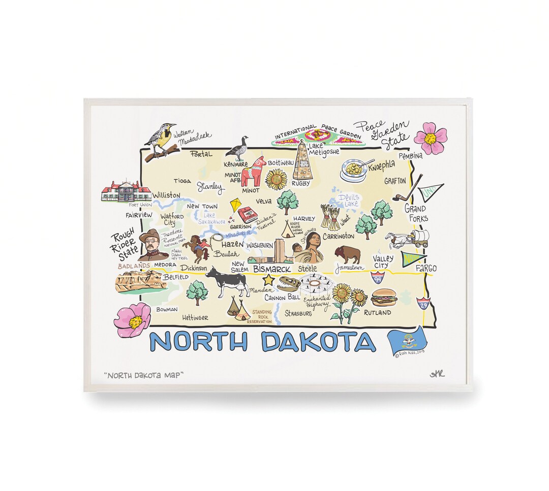 North Dakota Art, North Dakota Map, North Dakota Print, Unframed, Print ...
