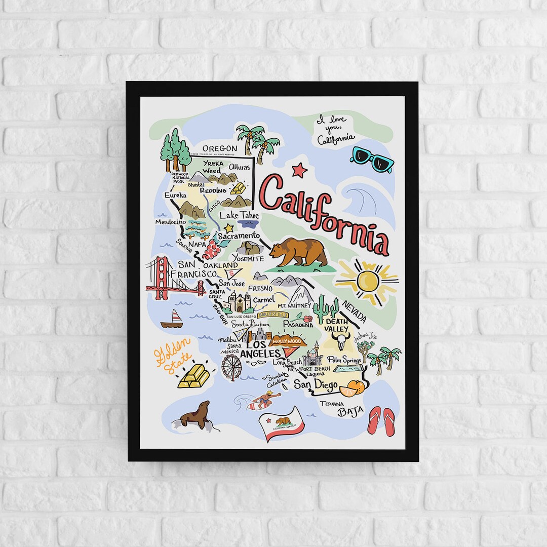 California Art, California Map, California Poster, Unframed, State Map ...