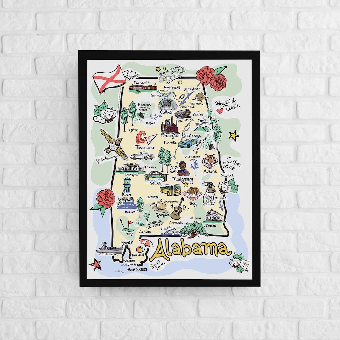 Alabama Art, Alabama Map, Alabama Poster, Unframed, State Map Poster - Etsy