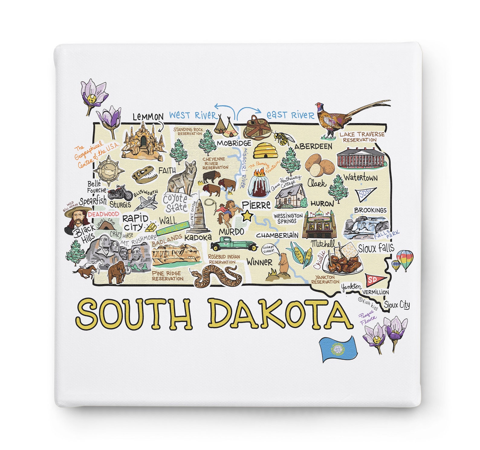 South Dakota Map Art: Illustrated State Canvas Print - Etsy