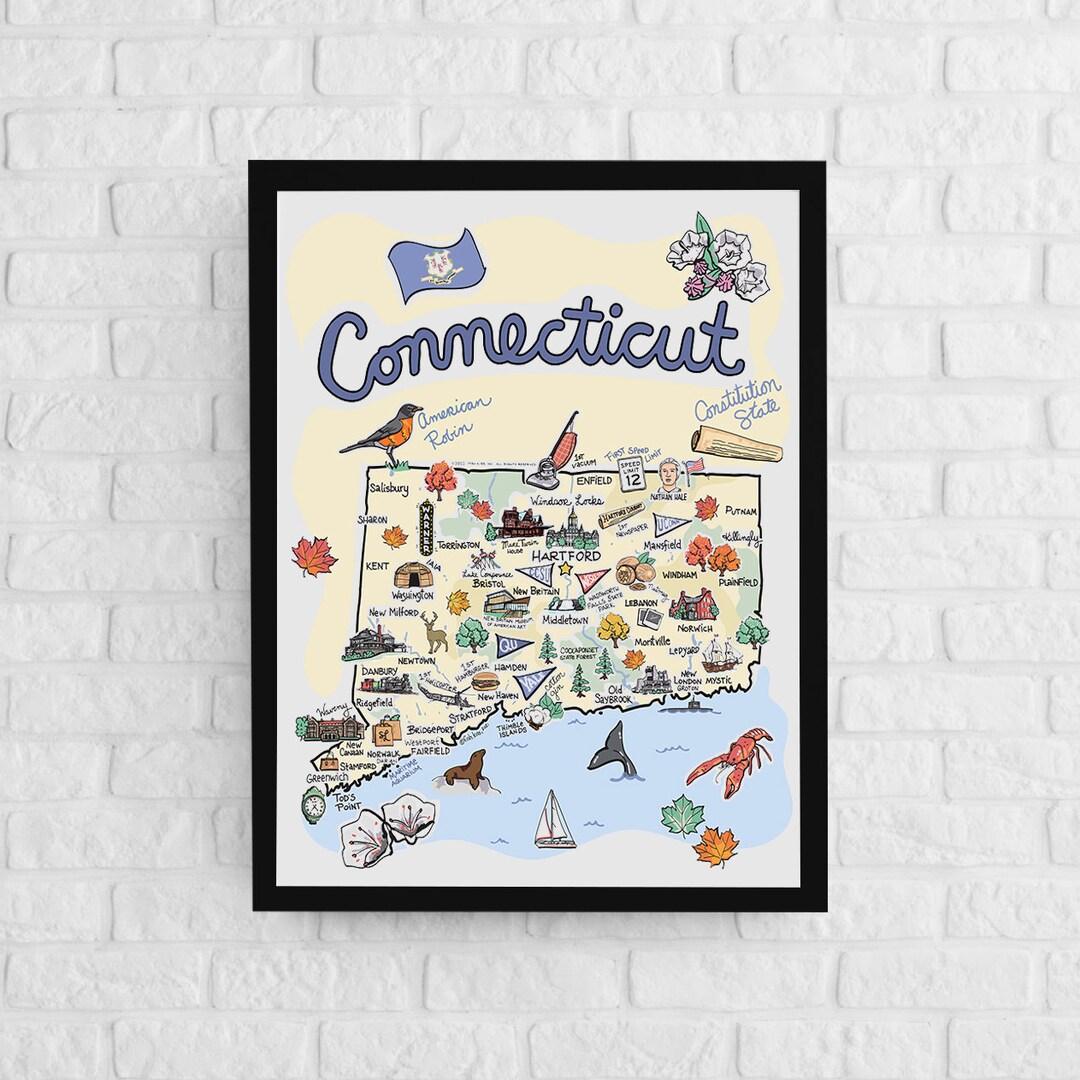 Connecticut Art, Connecticut Map, Connecticut Poster, Unframed, State ...