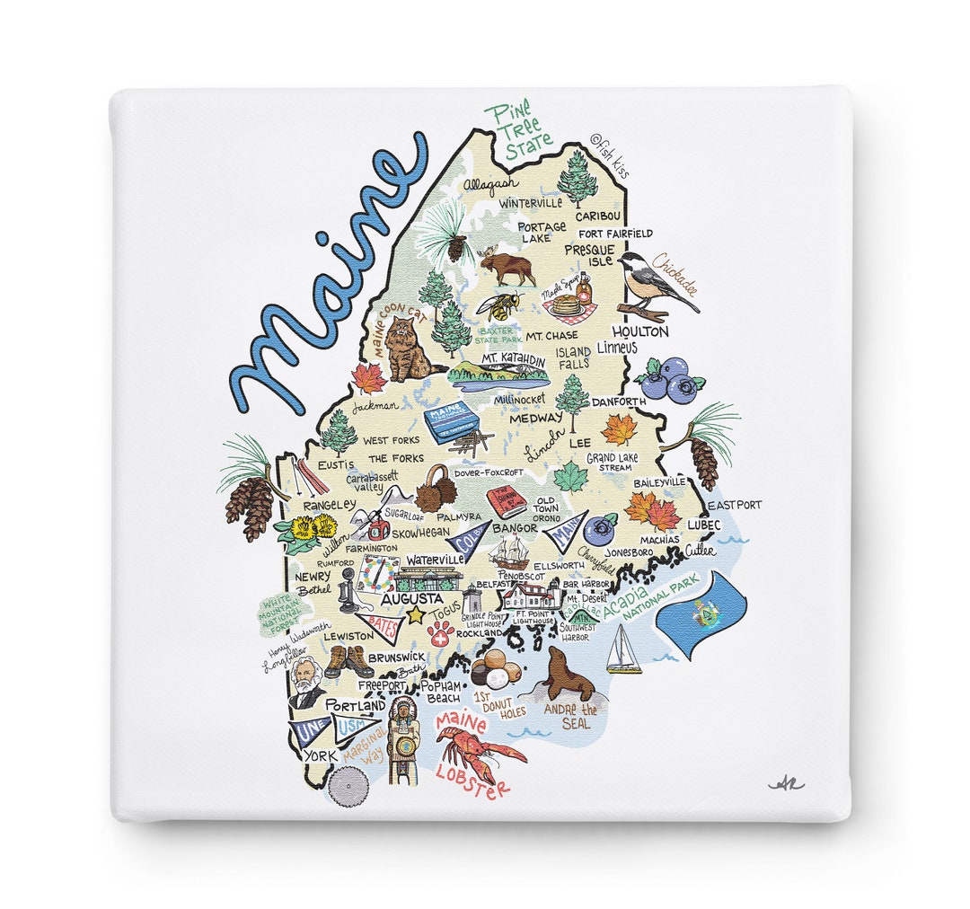 Maine Map Art: Illustrated State Canvas Print - Etsy