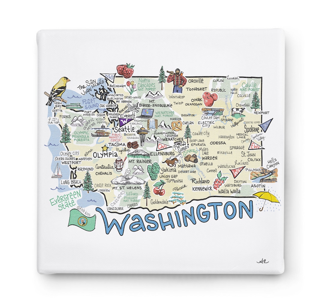 Washington Art on Square Canvas, Washington Map Canvas Art, Washington ...