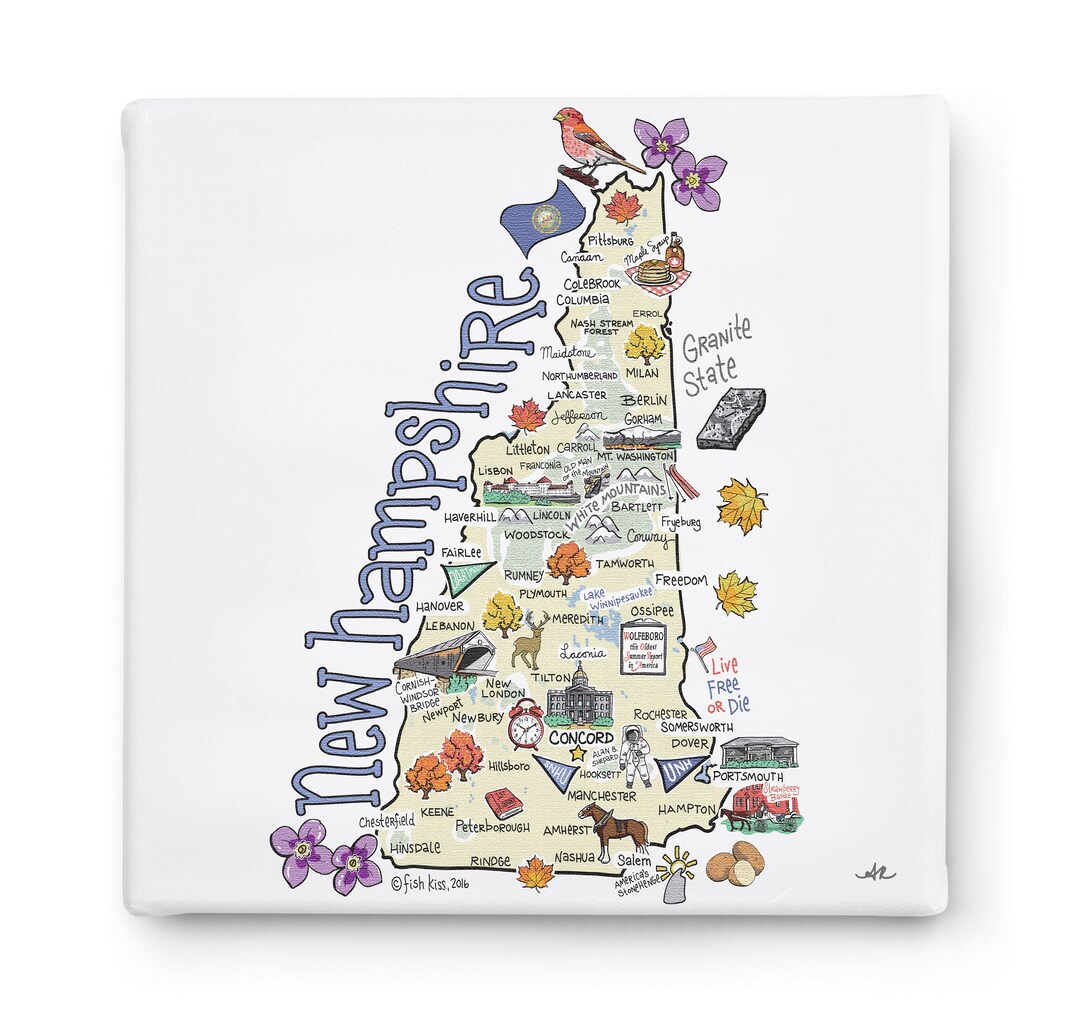 New Hampshire Art on Square Canvas, New Hampshire Map Canvas Art, New ...