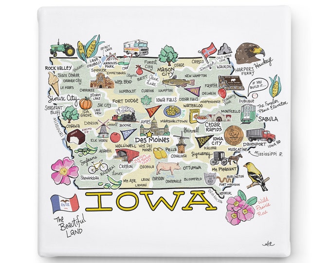 Iowa Art on Square Canvas, Iowa Map Canvas Art, Iowa Print for Wall ...