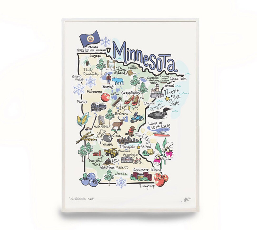 Minnesota Art, Minnesota Map, Minnesota Print, Unframed, Printed on ...