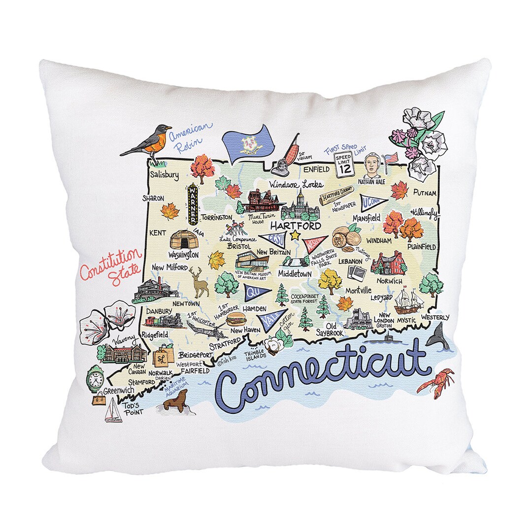 Connecticut Map Pillow: Hand-drawn State Pride, 18" Indoor/outdoor - Etsy