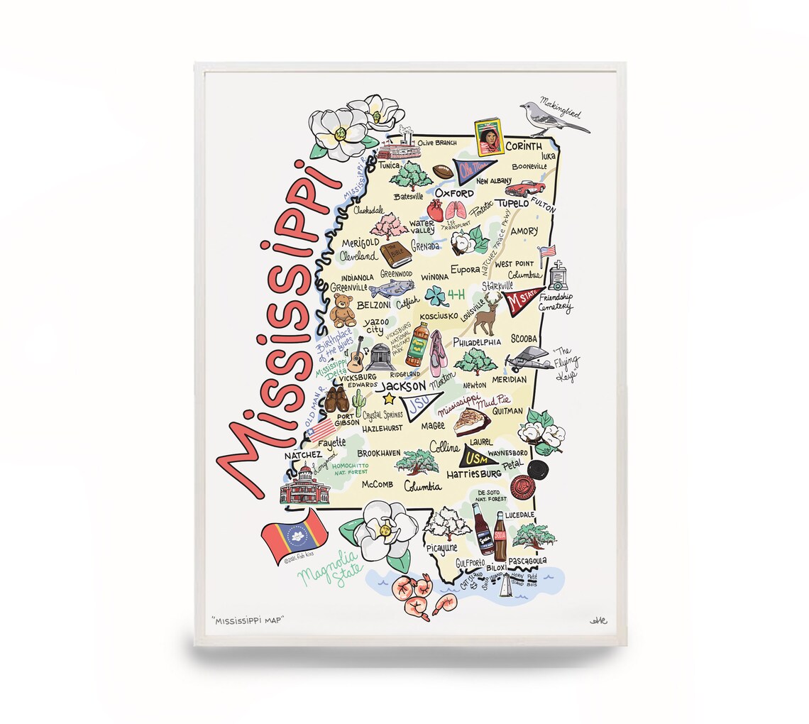 Mississippi Map Art Print: Signed Watercolor Illustration - Etsy