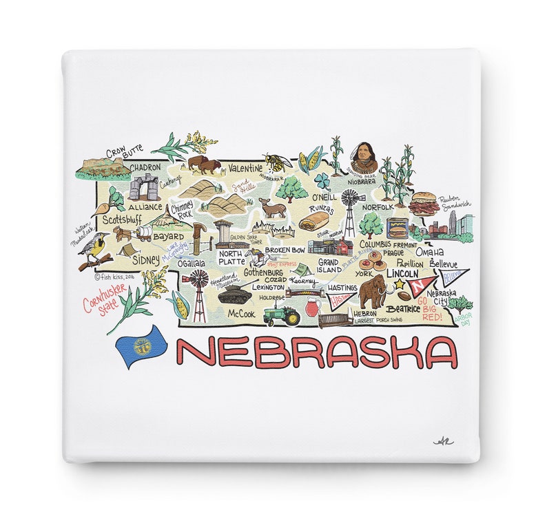 Nebraska Art on Square Canvas, Nebraska Map Canvas Art, Nebraska Print ...