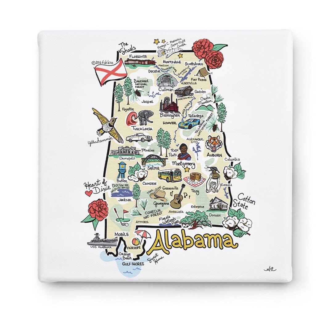 Alabama Art on Square Canvas, Alabama Map Canvas Art, Alabama Print for ...