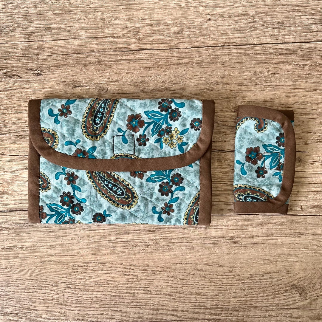 Handmade Blue and Brown Quilted Cotton Wallet With Many Pockets and Key ...