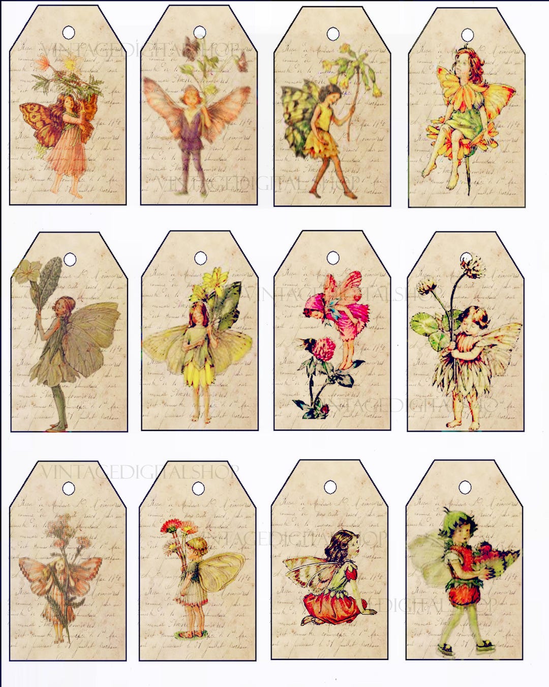 Set of 12 Vintage Garden Floral Fairies Image Stickers/tags Digital ...