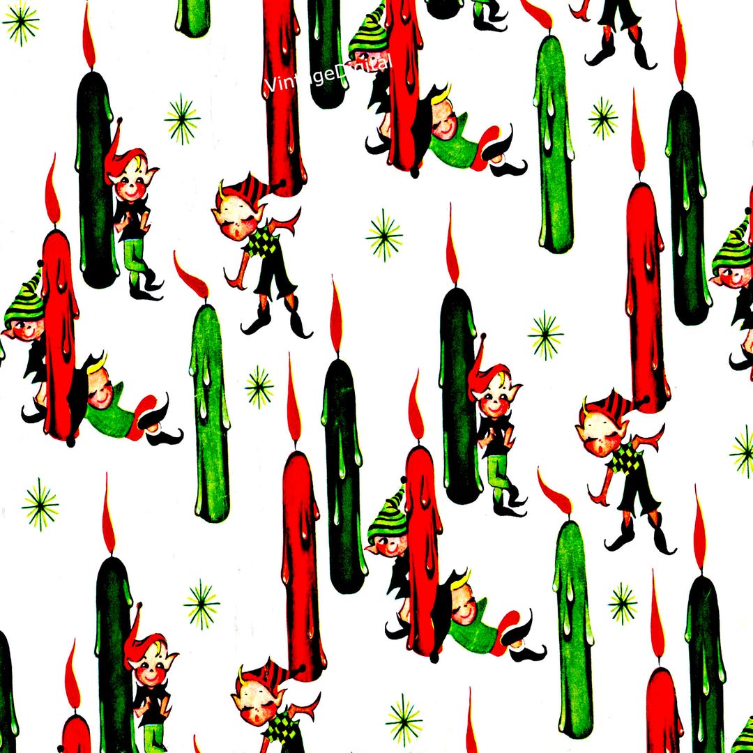 Vintage Christmas Elves and Candle Sticks Wrapping Paper Elf Digital ...
