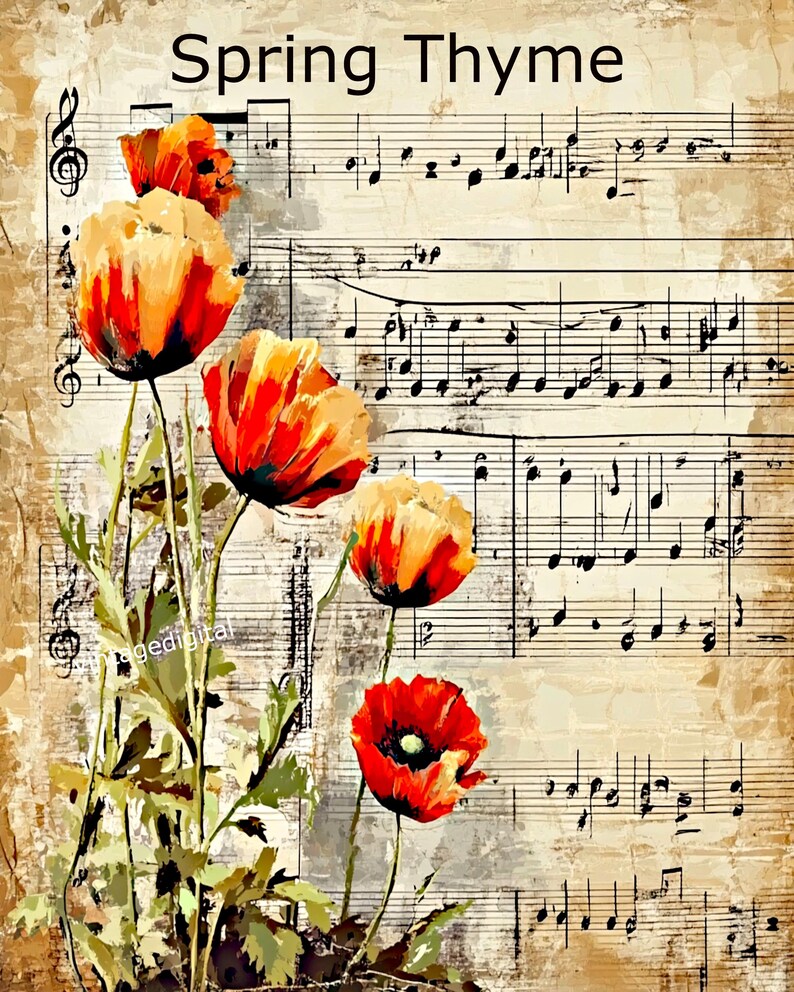 Vintage Floral Poppy Music Sheet Art: Spring Thyme Printable (digital ...