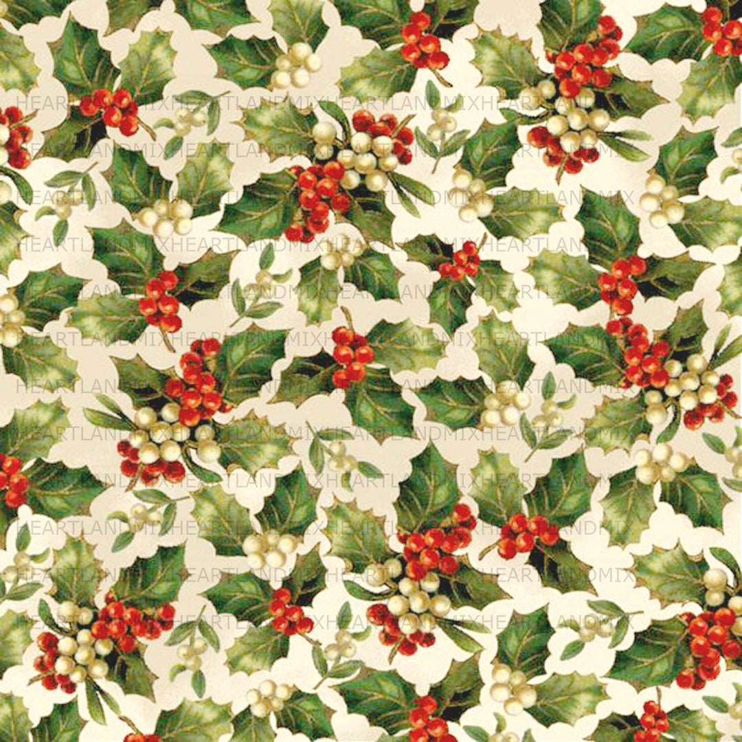 Vintage Mistletoe and Holly Christmas Wrapping Paper Digital Image ...