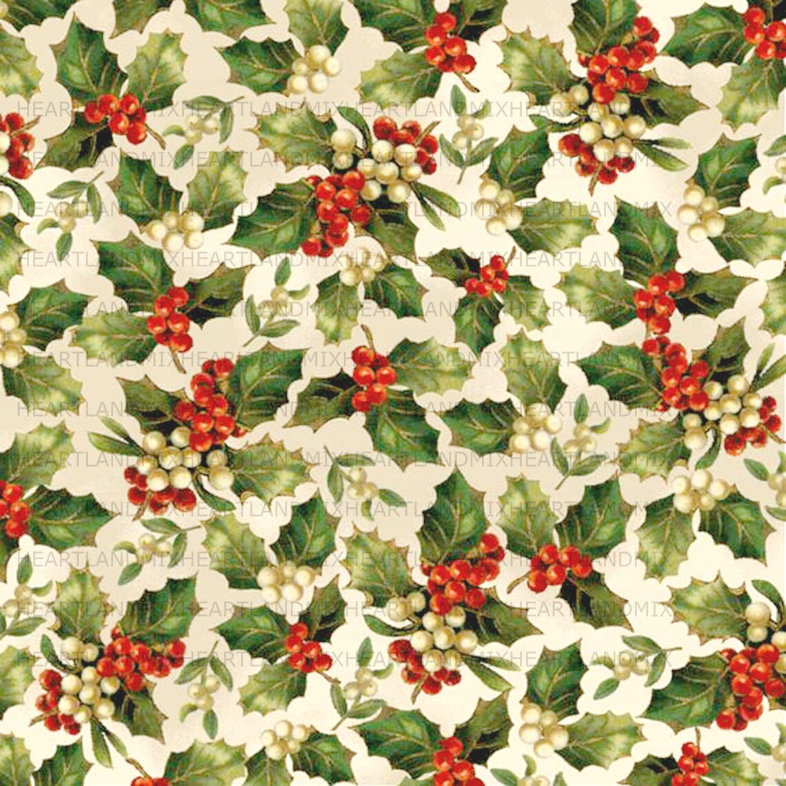 Vintage Mistletoe and Holly Christmas Wrapping Paper Digital - Etsy