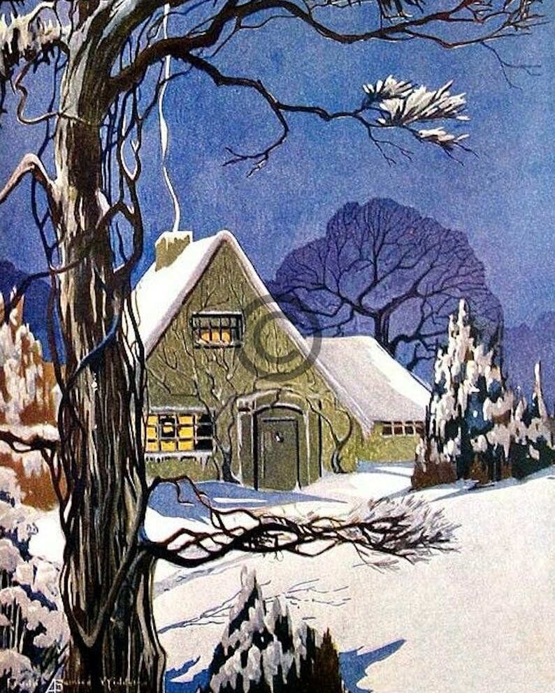 Vintage Art Deco Winter Cottage Art Ephemera Digital Image Art - Etsy